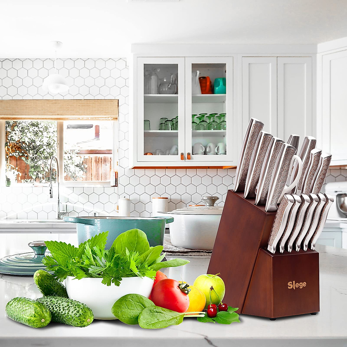 Knife Set with Block,High Carbon Stainless-steel Knives Set for Kitchen,Professional 16 Piece Chef Knife Set with Carving Fork,Manual Sharpener and Non-slip Hollow Handles