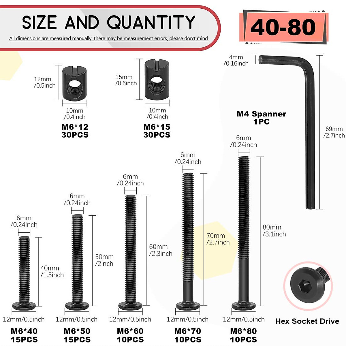 Hilitchi M6 120Pcs Black Hex Socket Head Screws Bolts Barrel Nuts Hardware Assortment Kit for Crib Baby Bed Furniture Cots and Chairs (40mm/50mm/60mm/70mm/80mm-Assortment Kit)