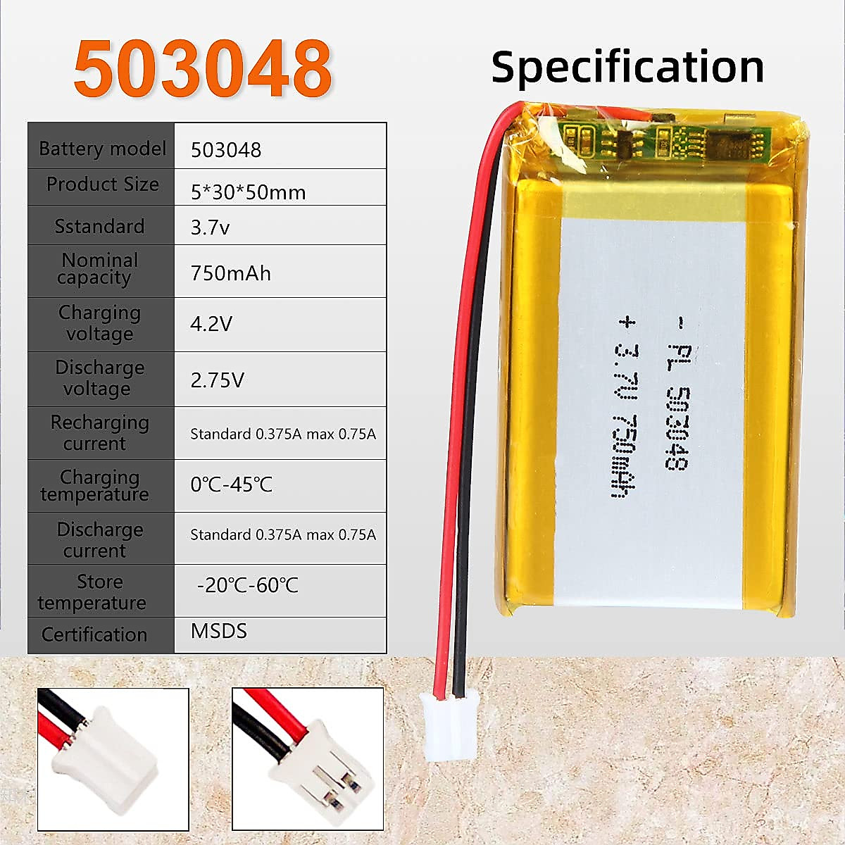 YDL 3.7V 750mAh 503048 Lipo battery Rechargeable Lithium Polymer ion Battery Pack with JST Connector