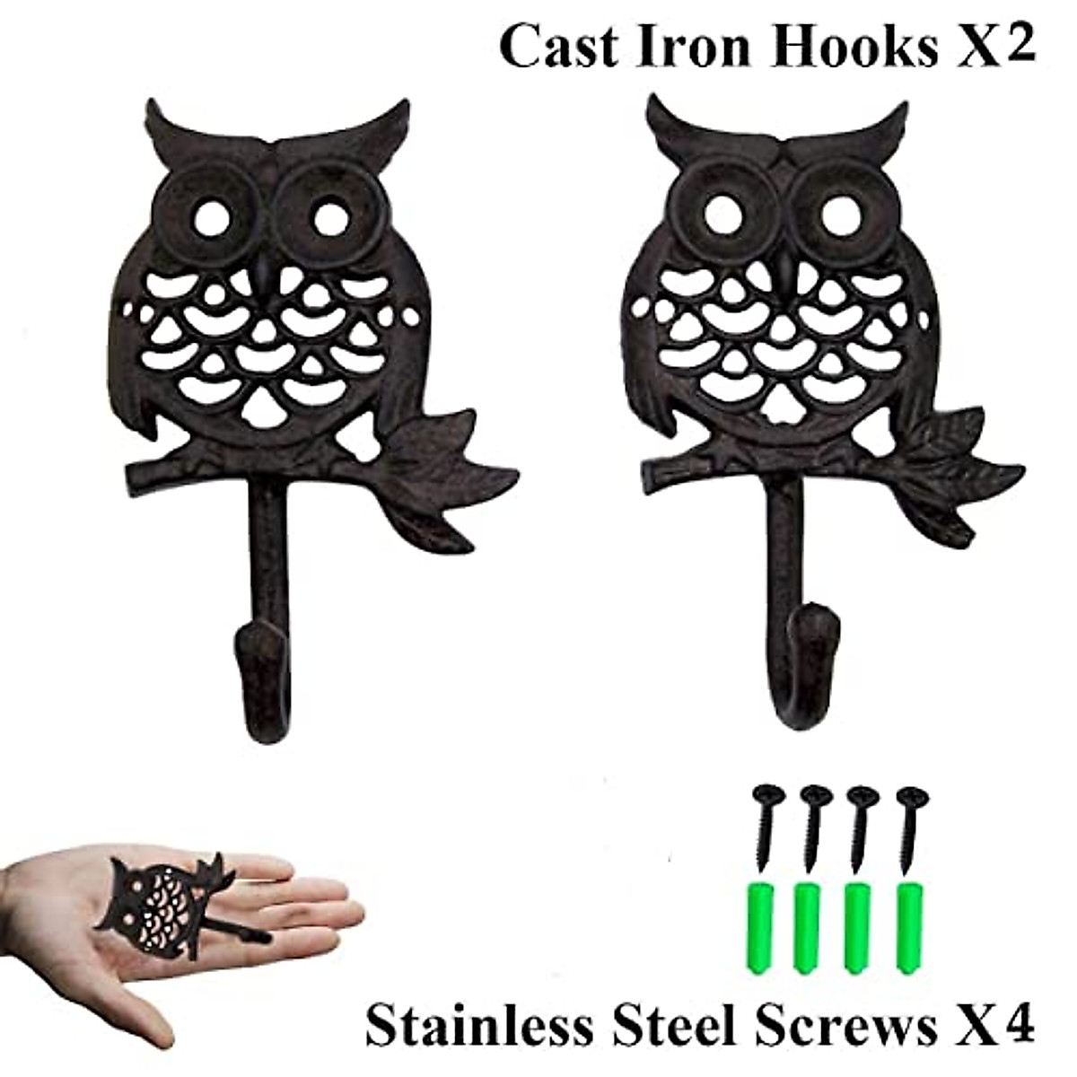 YANGMEI Vintage Cast Iron Wall Hooks (Antique Brown, Set of 2) - Rustic, Farmhouse Wall Hooks, Decorative Owl Key Hat Hook, Wall Mounted Heavy Duty Hooks for Keys, Towel, Bags, Hat, Coat