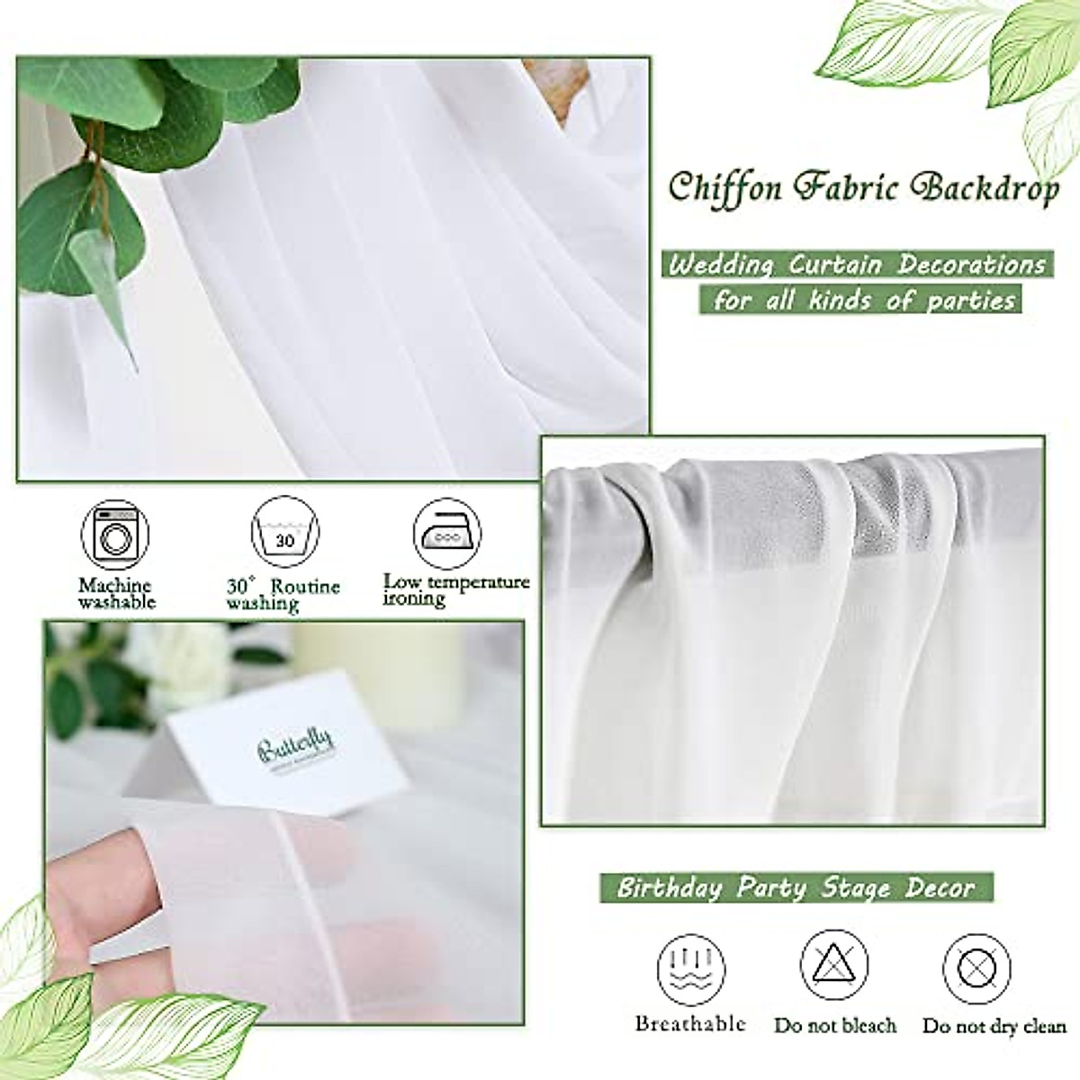B-COOL White Sheer Backdrop Curtain 10ft by 8ft Chiffon Backdrop Drapes Panels Perfect for Romantic Wedding Decorations