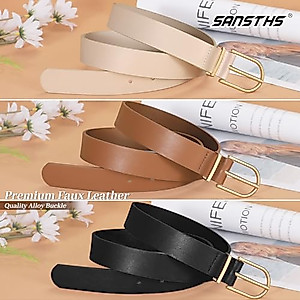 SANSTHS 3 Pack Women Faux Leather Chic Belts for Jeans Pants Fashion Ladies Belt Solid Color with Gold Curved Pin Buckle,Black Brown Beige,S