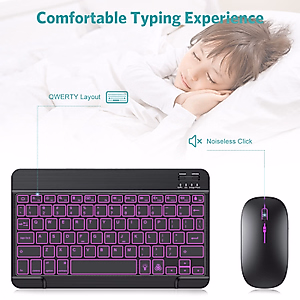 TECURS Bluetooth Keyboard and Mouse Combo for iPad - Rechargeable Wireless Keyboard & Mouse with 7-Color Backlit Compatible with iPad 10th/9th/8th Gen, iPad Pro/Air/Mini, iPhone15/14/13 Pro, Black