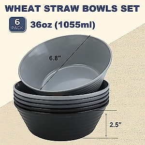 Wheat Straw Bowl Sets,6 PCS Unbreakable Cereal Bowl 36 OZ,Microwave and Dishwasher Safe Bowls,Soup Bowl Sets BPA Free Eco Friendly Bowl for Serving Soup,Oatmeal and Salad （Black Grey）