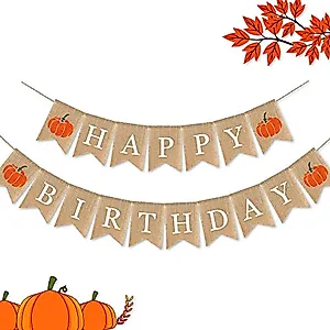 SWYOUN Burlap Happy Birthday Banner with Pumpkin Birthday Party Bunting Garland Supplies