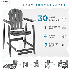 FRUITEAM High-Adirondack-Chairs Set of 2 with Connecting Tray, Outdoor Weather-Resistant Deck Chairs, Low-Maintenance Poly Balcony Chairs Set, for Patio, Poolside, Garden