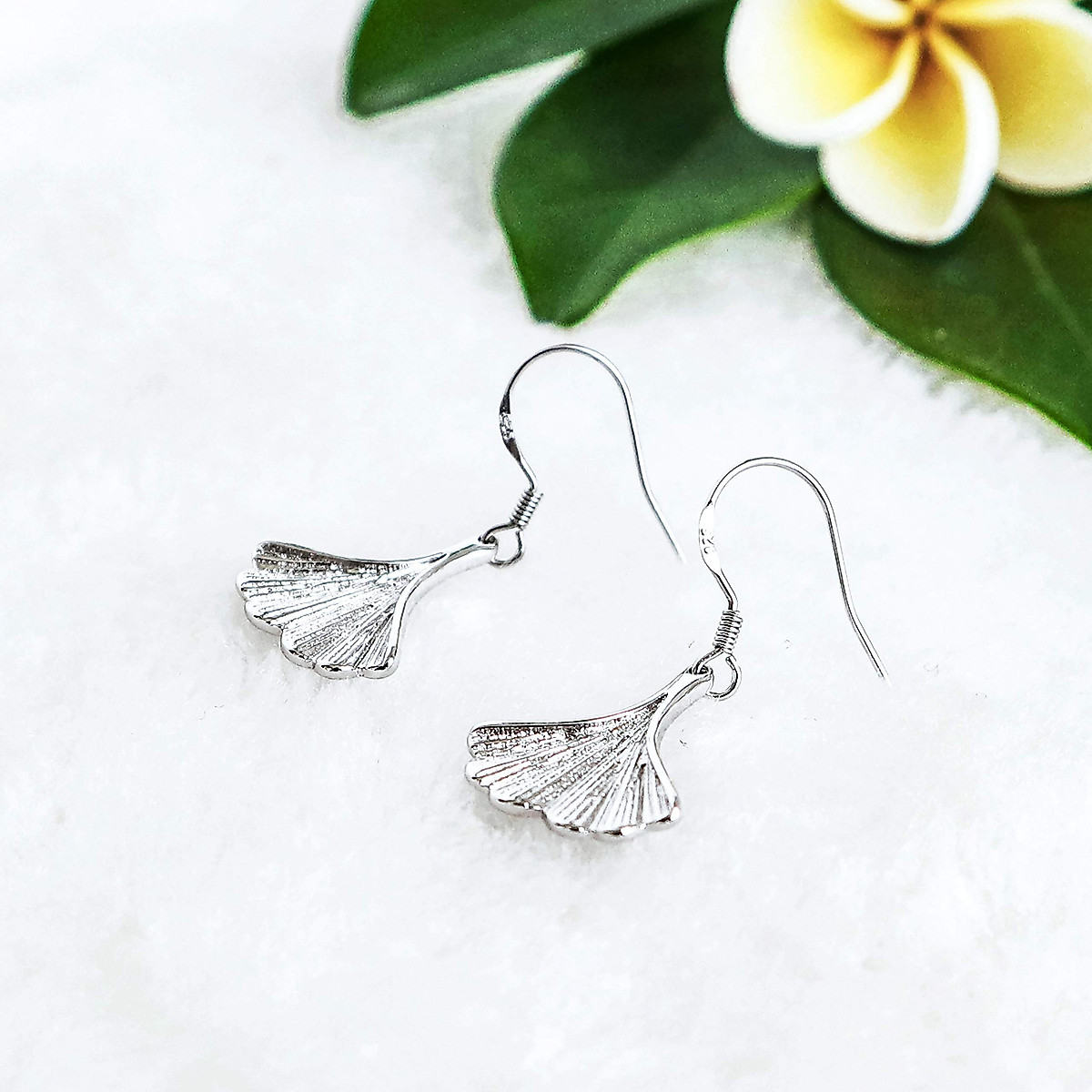 Hiqmic 925 Sterling Silver Ginkgo Leaf Fan-shaped Dangle Ear Hook Earrings White Gold Plated Fashion Jewelry Gifts_WK90142