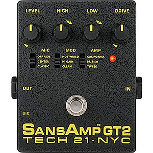 Tech 21 SansAmp GT2 Tube Amp Emulator Pedal Bundle with 2 Patch Cables and Power Supply