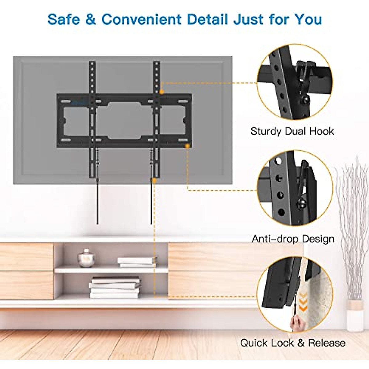 Pipishell UL Listed Tilt TV Wall Mount Bracket Low Profile for Most 23-55 Inch LED LCD OLED 4K Flat Curved TVs up to 99lbs Max VESA 400x400mm, 8° Tilting for Anti-Glaring, Fits 8-16 inch Wood Stud