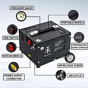 TUXING Pcp Air Compressor,4500Psi 30Mpa 300Bar,Oil/Water-Free,Powered by Car 12V DC or Home 110V AC with Converter (Included),Pump for PCP Air Rifles and Airguns (TXES061)
