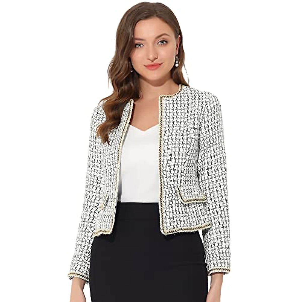 Allegra K Women's Plaid Tweed Blazer Long Sleeve Open Front Work Office Short Jacket Medium White