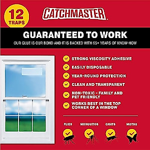 Window Fly Traps by Catchmaster - 12 Count, Ready to Use Indoors. Insect, Bugs, Fly & Fruit Fly Glue Adhesive Sticky Paper - Waterproof Easy Application Ready Disposable Non-Toxic