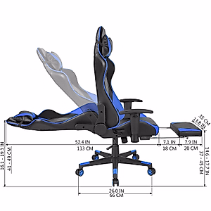 HOMEMAKE FURNITURE Gaming Chair, Racing Office Computer Game Chair, Ergonomic Game Chair, Racing Style with 90° Adjustable Reclining Chair and Retractable footrest, Blue and Black