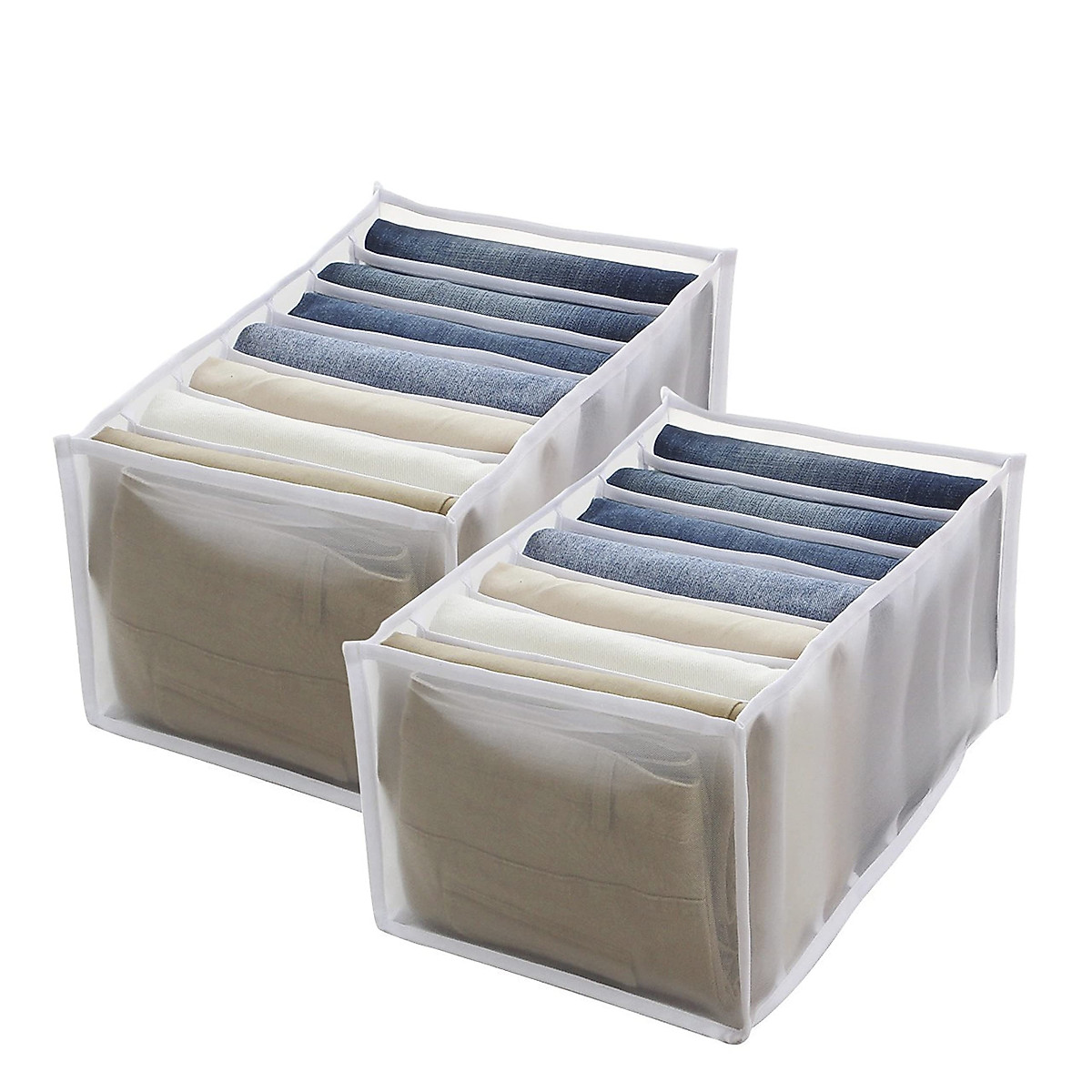 wardrobe clothes organizer | (2PCS) 7 Grids Foldable Visible closet organizers and storage | Portable Storage Containers for T-shirt, Legging, Skirts, Jeans, Kid Clothes |Washable drawer organizers for clothing storage (White）