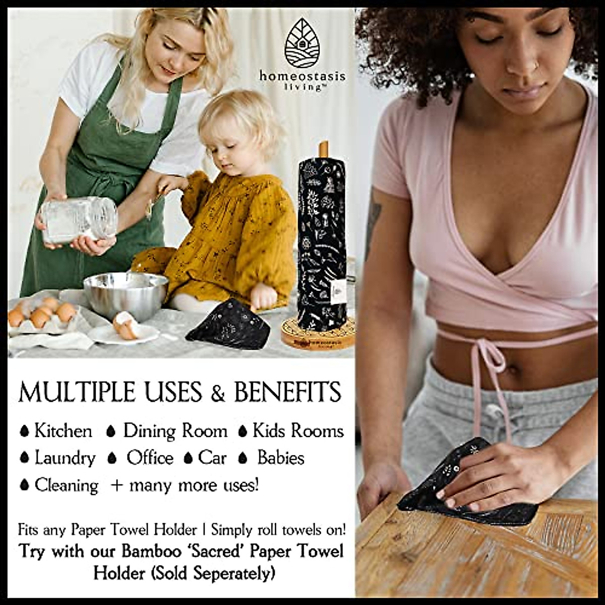 Homeostasis Living REusable Paper Towels with Cotton Wash Bag | Botanical-Charcoal Zero Waste Gift | Eco Friendly Paper Towels, Napkins Cloth Washable Reusable Paper Towel Roll, Paperless Paper Towels