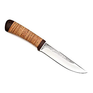 Russia Made Hunting Fox Knife - Stainless Blade - Birch Bark Non Slippery Handle - Leather Sheath