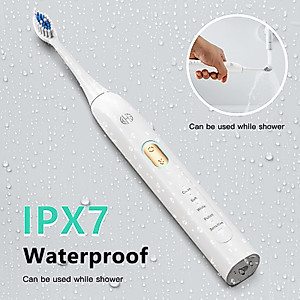 KHS Sonic Electric Toothbrush for Adults and Kids with 4 Brush Heads 5 Modes Rechargeable Toothbrushes with 2 Mins Smart Timer(Off-White)