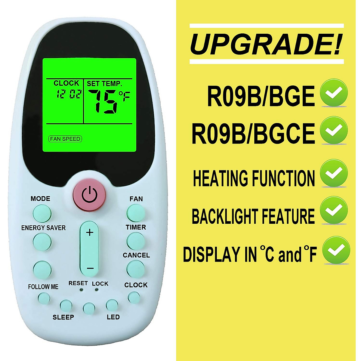 RCECAOSHAN Replacement for Arctic King Air Conditioner Remote Control R09B/BGE R09B/BGCE, with Green Backlight Light