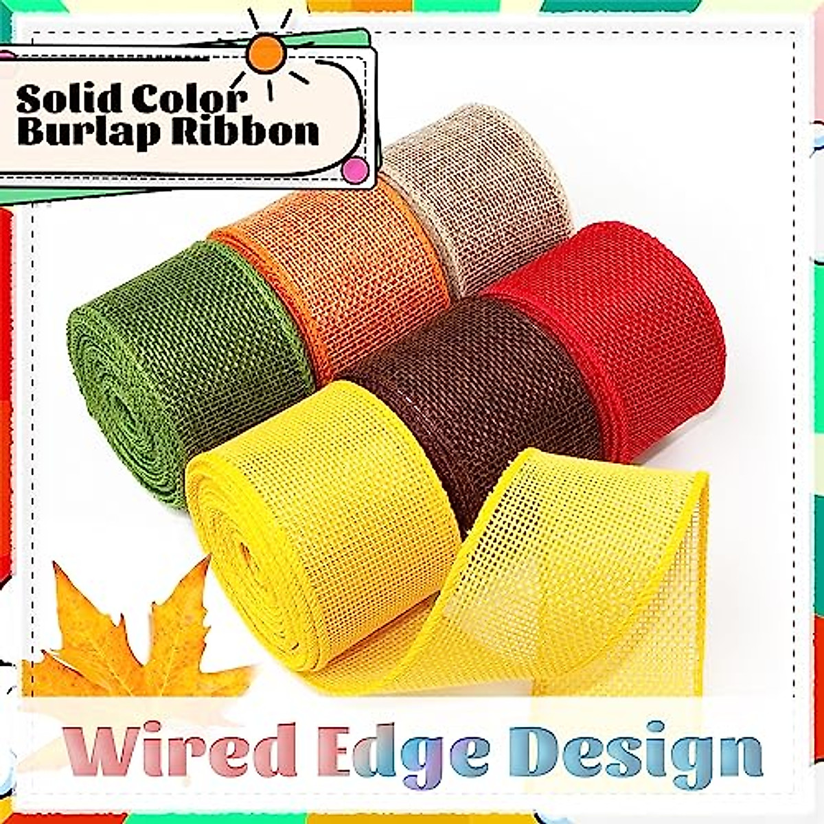 Mlurcu Fall Ribbon Burlap Wired Ribbon 1-1/2 Inch Wide Thick Solid Fabric Wire Edge Ribbon 6 Rolls 30 Yards Autumn Ribbon for Crafts Wreaths Bows Making Thanksgiving Christmas Wedding Decorations