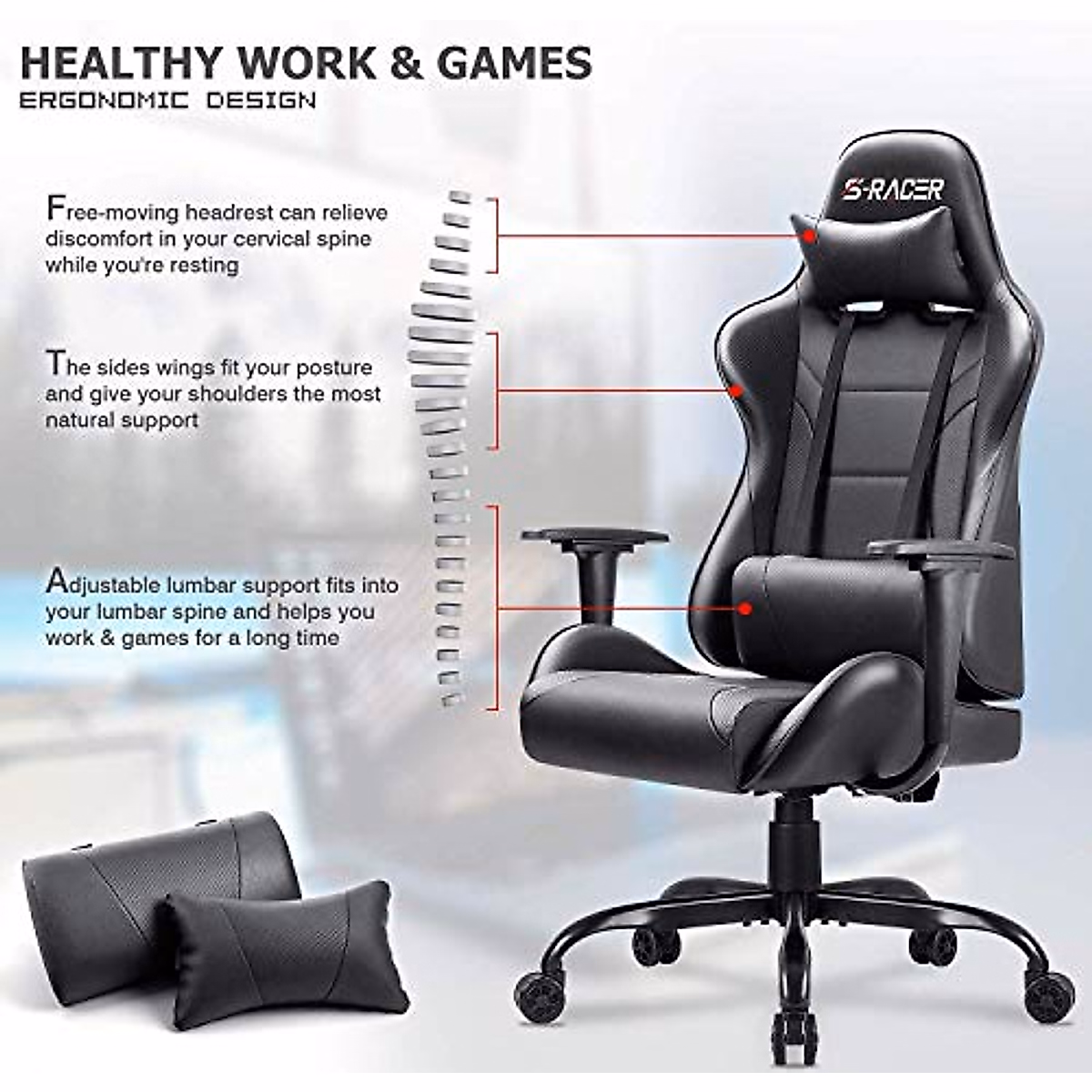 Homall Gaming Chair Computer Office High Back Leather Gamer Desk Chair Ergonomic Adjustable Swivel Racing Chair with Headrest and Lumbar Support (Black)