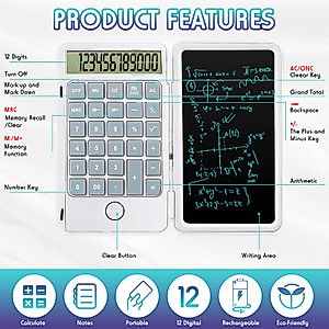 Hion Calculators,12-Digit Large Display Rechargeable Pocket Office Desktop Calculator with Erasable Wiriting Tablet,Mute Basic Desk Calculators with Doodle Pad for Student Home School,White
