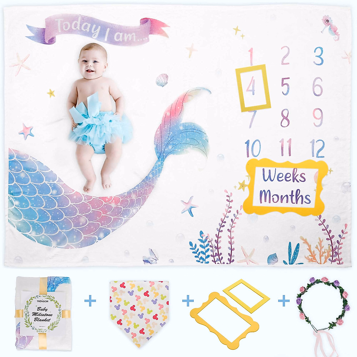 TRENSOM Little Mermaid Blanket Baby Monthly Milestone Blanket Girl Personalized Fleece Months Blakets Newborn Shower Nursery Decor with One Bib & Hedbd Two Frames,Large 59”x40”