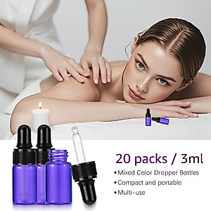 Kesell Multicolor Mini Glass Dropper Bottles, 3ml Essential Oil Glass Bottle Empty Lotion Perfume Sample Vials with Glass Eye Dropper, Pack of 20