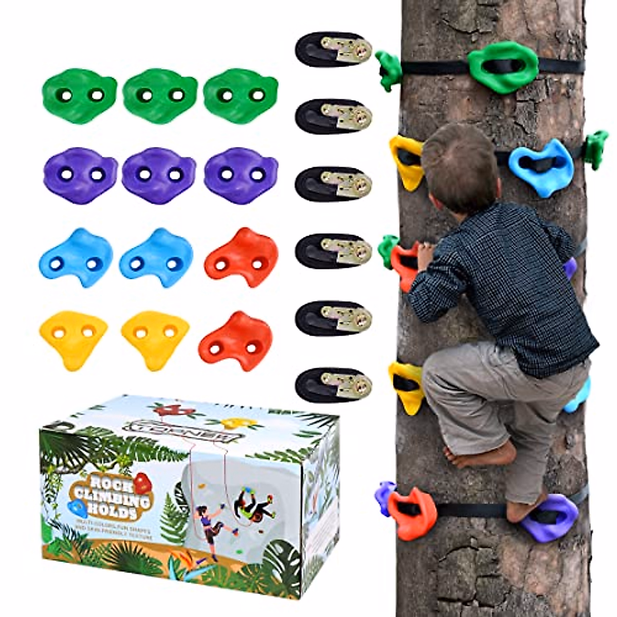 TOPNEW 12 Ninja Tree Climbing Holds for Kids Climber, Adult Climbing Rocks with 6 Ratchet Straps for Outdoor Ninja Warrior Obstacle Course Training