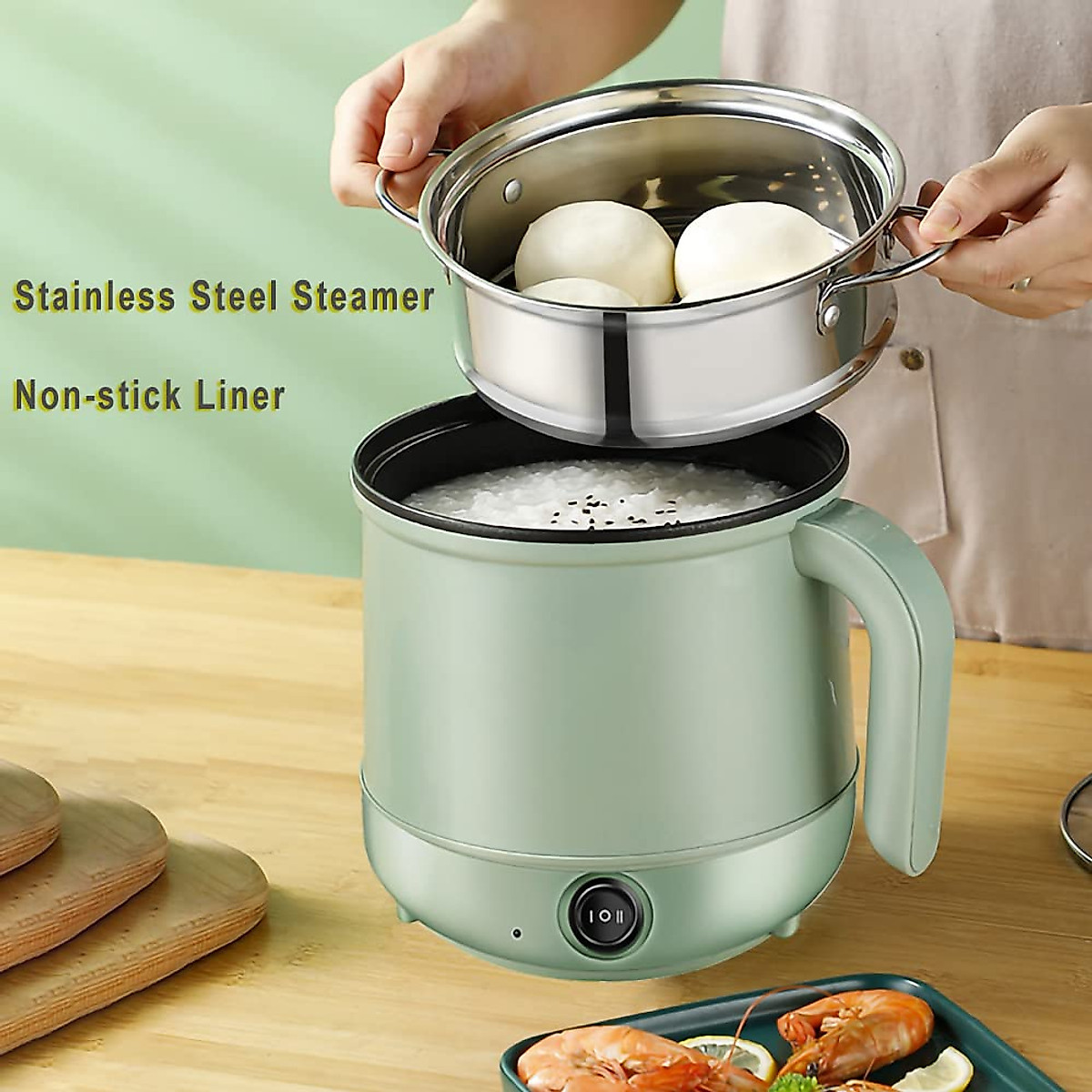 Electric Hot Pots with Stainless Steel Steamer - 1.7L Portable Travel Cooker for Ramen/Steak/Fried Rice/Oatmeal/Soup - Non-Stick Frying Pan 6.8 Inch - Dual Power Control with Silicone Spatula Included