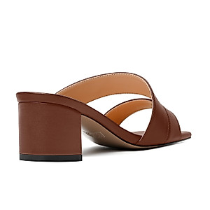 AMBELIGHT Women's Low Heel Dress Matte Night Club Solid Slip On Chunky 2 Inch Square Toe Sandals Brown Size 5 - Zapatos de Mujer de Tacon Bajo