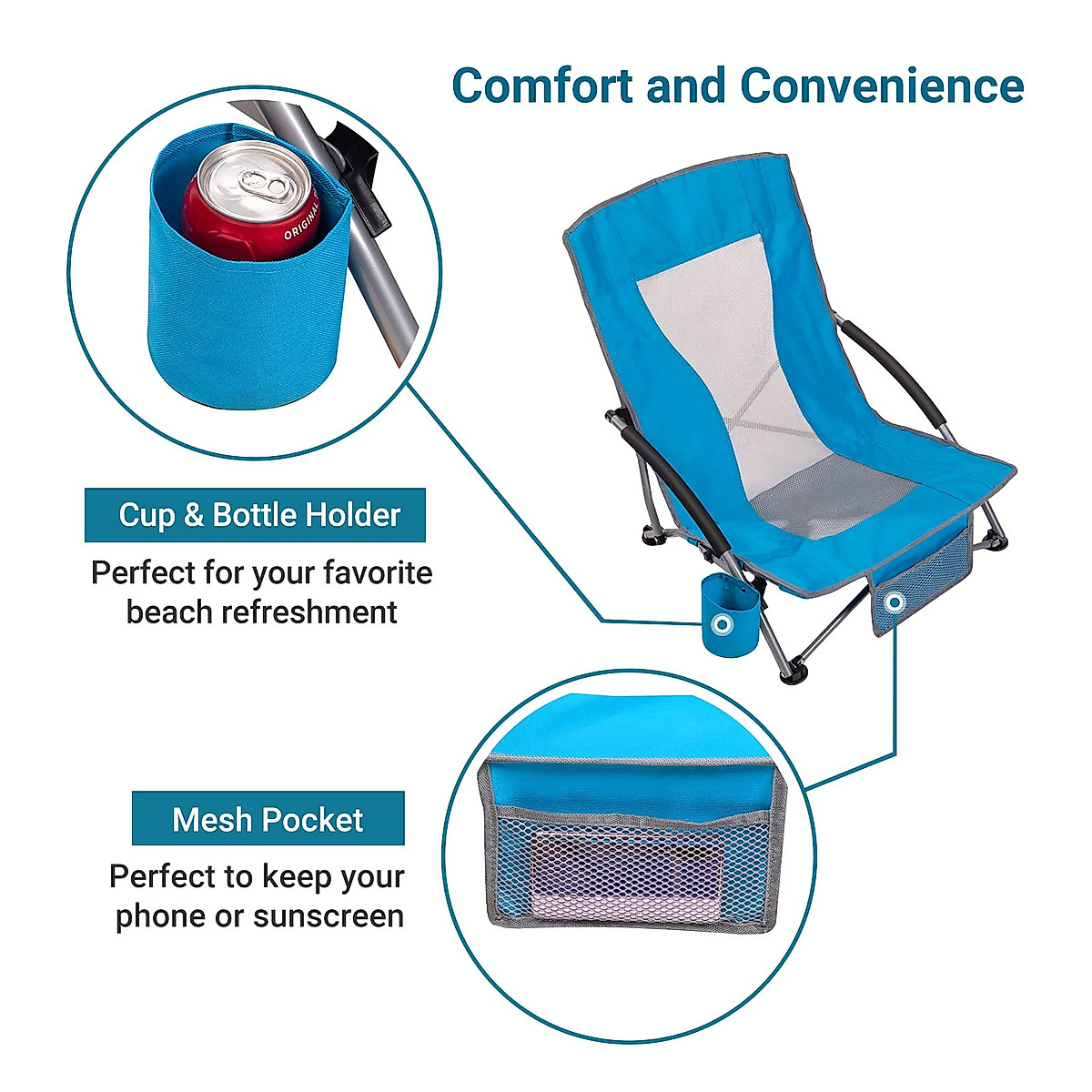 AsterOutdoor Low Sling Beach Chair Folding Lightweight Mesh Back Sand Chair for Camping Outdoor Lawn, Carry Bag Included, Supports 250lbs (2 Count)