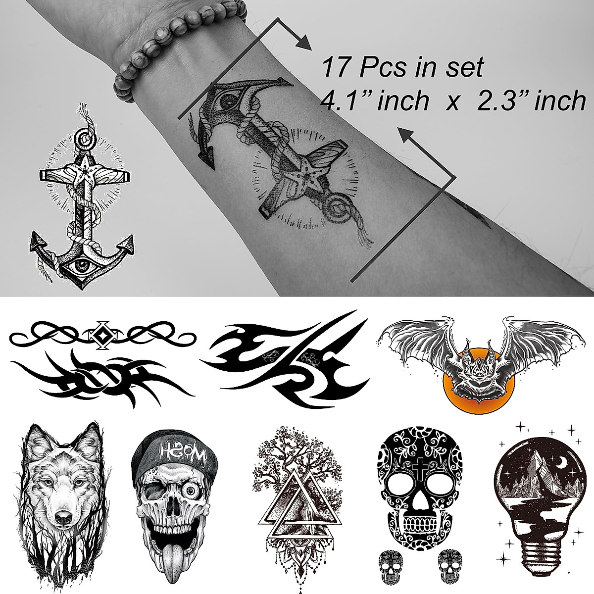 LAFORTIS 26 Sheets Realistic Waterproof Multiple Sizes Long Lasting Fake Tattoos Temporary Tattoo for Men Teens Boys on Arm Body Finger