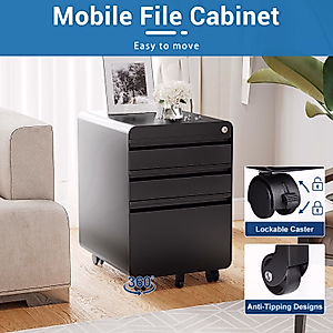 AFAIF 3 Drawer Mobile Locking File Cabinet,Metal Filing Cabinets for Home Office,Small Rolling File Cabinet Under Desk Office Drawer Storage Cabinet fits Letter/Legal/A4 Size,Black