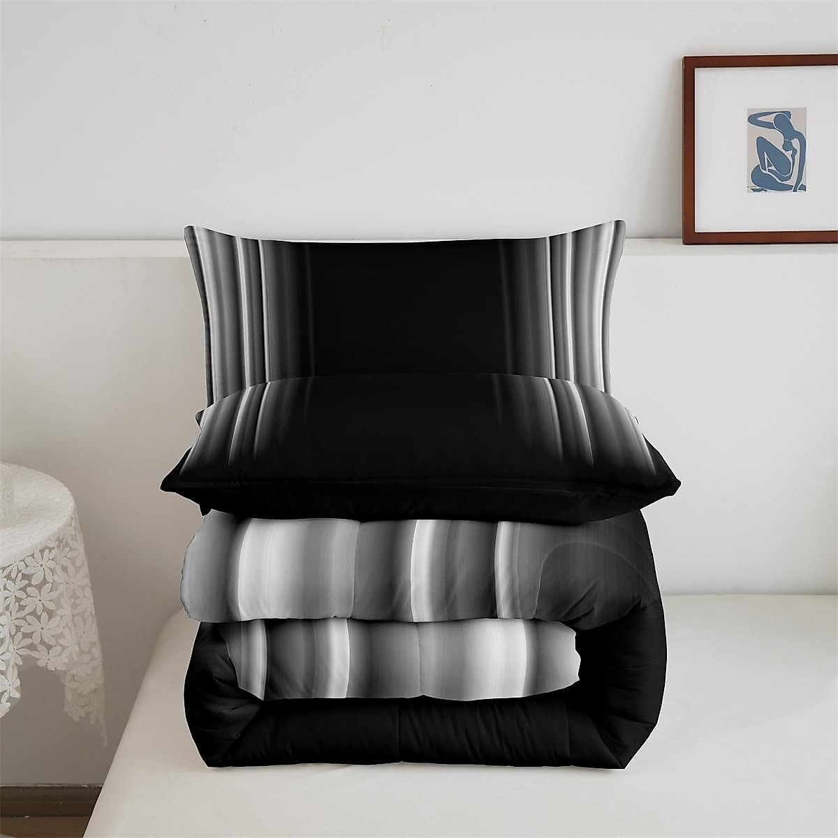 Geometric Abstract Ombre Bedding Set Men Adults Teens Grey Gray and Black Striped Comforter Set Kids Boys Girls Simple Modern Quilt Setwith 2 Pillowcases 3Pcs Bedding Full