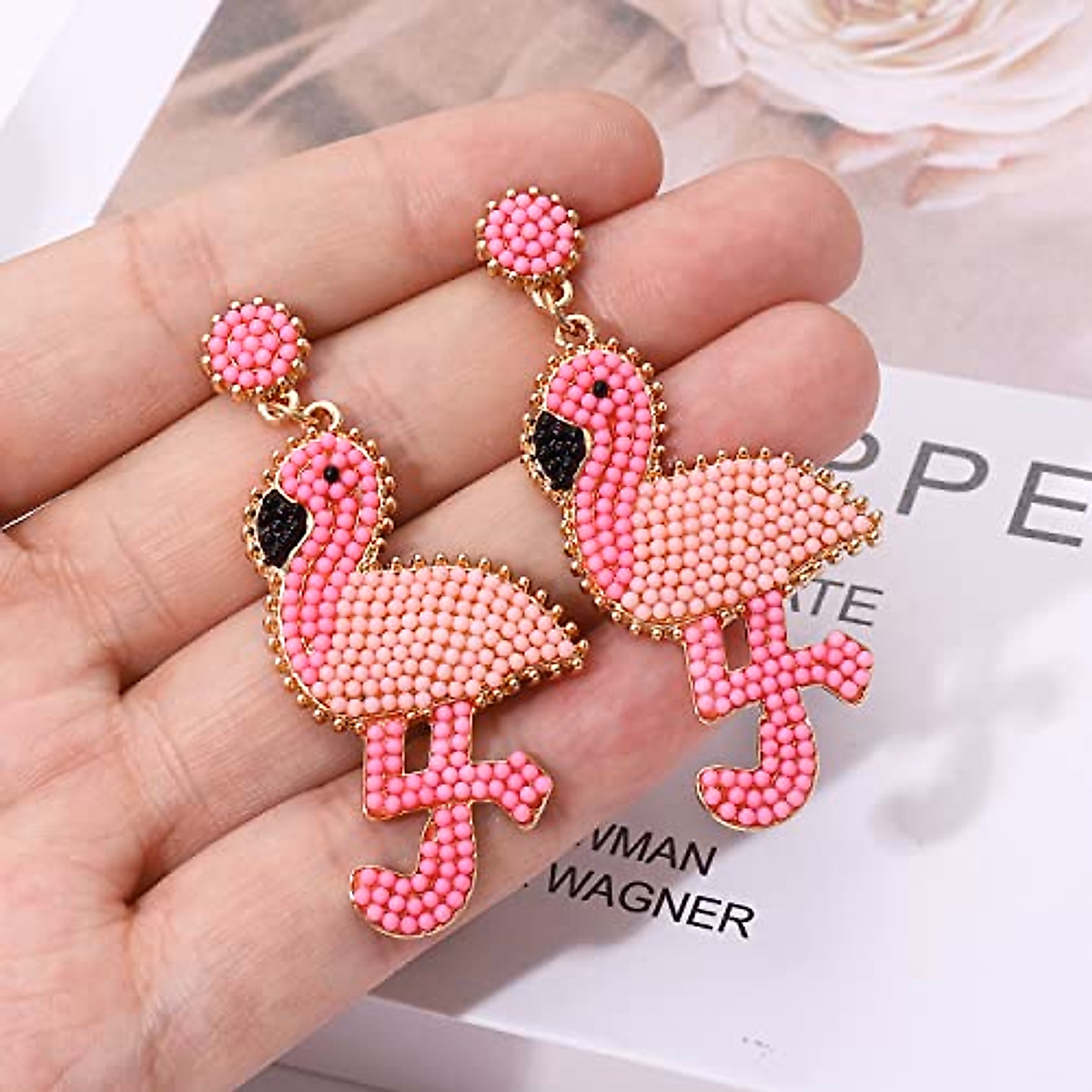 Beaded Flamingo Earrings for Women Handmade Boho Tropical Bird Earrings Statement Pink Animal Flamingo Drop Dangle Earrings Summer Beach Jewelry Gift