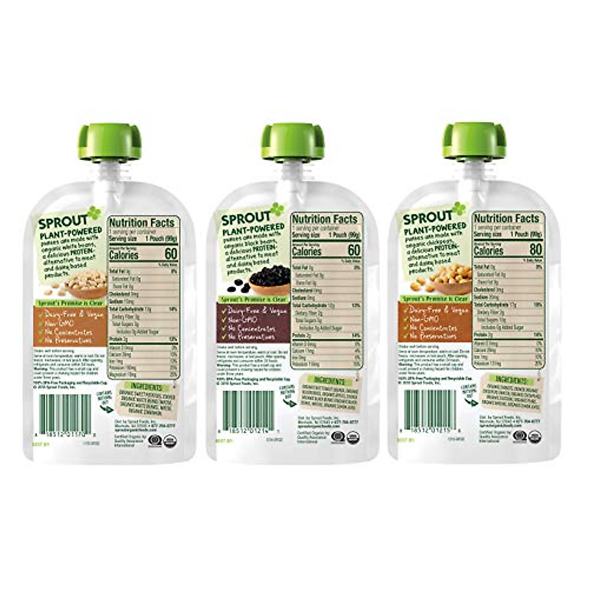 Sprout Organics, Stage 2 Variety Pack, Sweet Potato White Bean, Butternut Blueberry & Carrot Chickpea, 6+ Month Pouches, 3.5 oz (18-count) (Flavours May Vary)