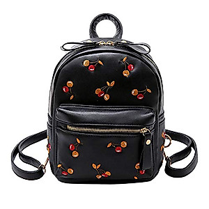 CLARA Girls Mini Embroidery Cherry Backpack PU Leather Small Purse Satchel Top-Handle Shoulder Bag Black