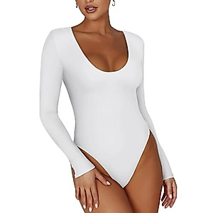 REORIA Women's Fall Fashion Sexy Scoop Neck Long Sleeve Double Lined Basic Leotards Tops Night Out Bodysuits White Plus Size XX-Large