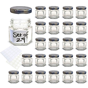 1.5 oz Hexagon Mini Glass Jars with Silver Lids and Labels (Pack of 24)