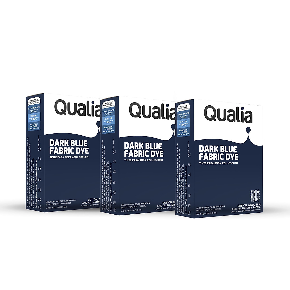 Qualia All Purpose Powder Fabric Dye, Easy to Use Dye for Natural Fabrics: Cotton, Wool, Silk, Wood, & Linen, Ultra Concentrated Colors, Dark Blue, 3 Pack