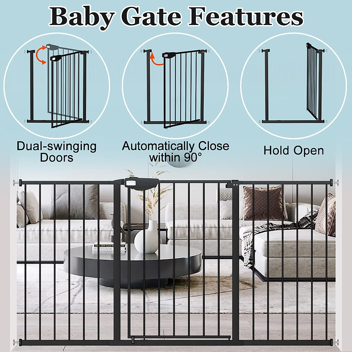 WAOWAO Triple Lock Baby Gate Extra Wide 57.87-62.59" Pressure Mounted Walk Through Swing Auto Close Safety Black Metal Dog Pet Puppy Cat for Stairs,Doorways,Kitchen