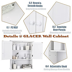 GLACER Wall Mounted Storage Cabinet, Bathroom Medicine Cabinet with Adjustable Shelf and Double Doors, Wall Cabinet for Bathroom, Living Room, Kitchen or Entryway, 23.5 x 8 x 28 inches (White)
