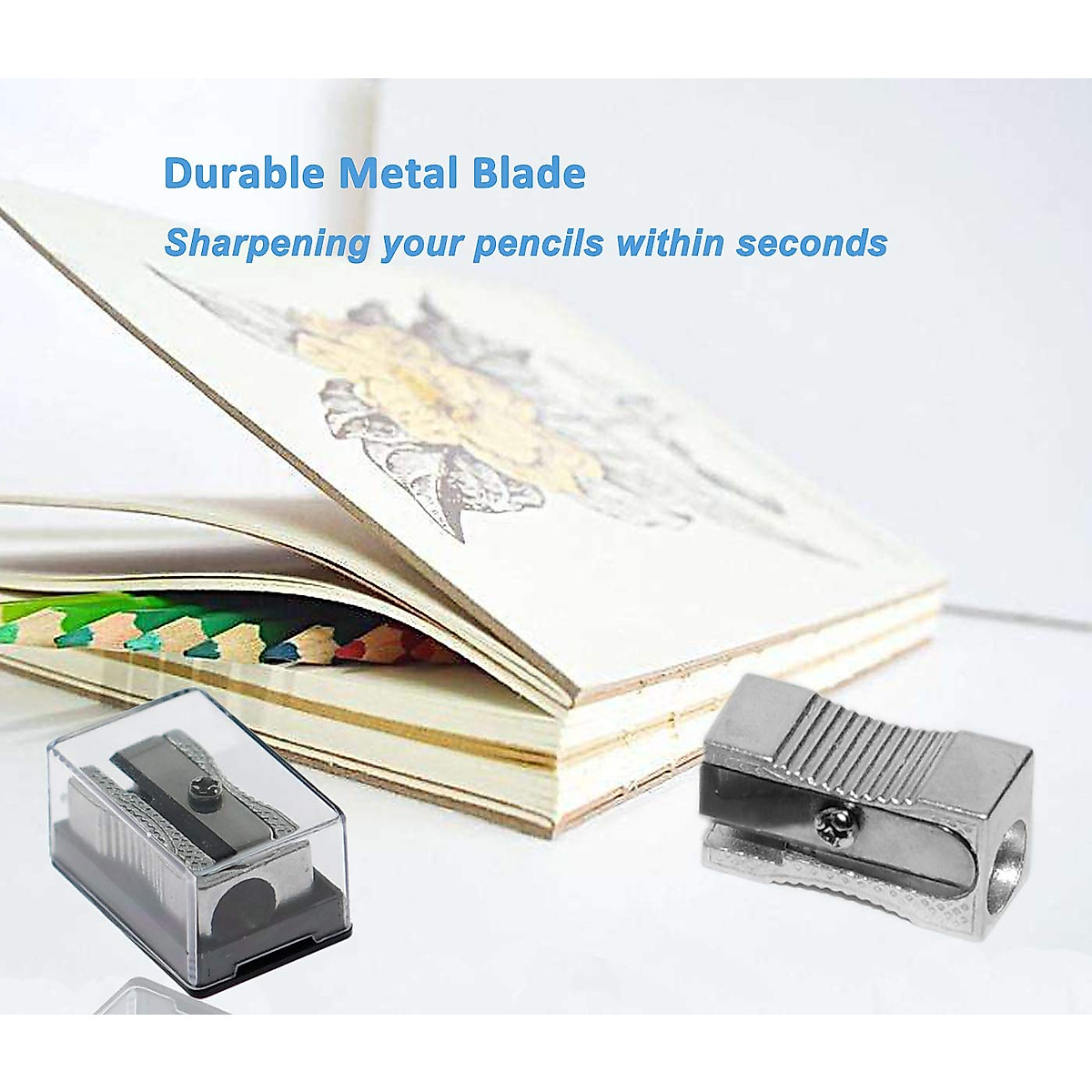 WEKOL Metal Dual Pencil Sharpener Aluminum Alloy Manual Sharpeners with Acrylic Cover,4Pcs Sharpener Blades Included,Silver