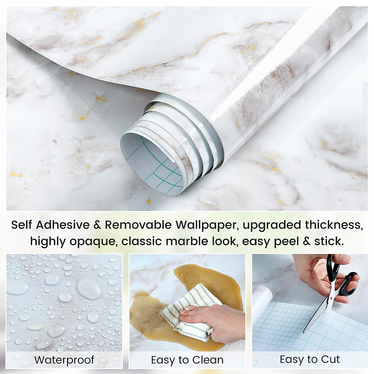 rabbitgoo Glossy Marble Contact Paper Peel and Stick Wallpaper 17.5" X 78.7" Countertop Furniture Waterpoof Self Adhesive Removable Cover for Kitchen Bathroom Cabinet Drawer Shelf Liner Vinyl Roll