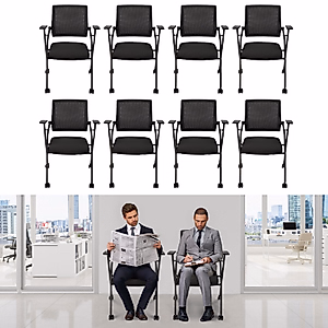 LOHISHILO 8pcs Mesh Guest Reception Stack Chair with Caster Arms for Office Conference, Reception, Training Room Chair, Schools, Meeting Rooms, Step Classrooms, Churches, Homes