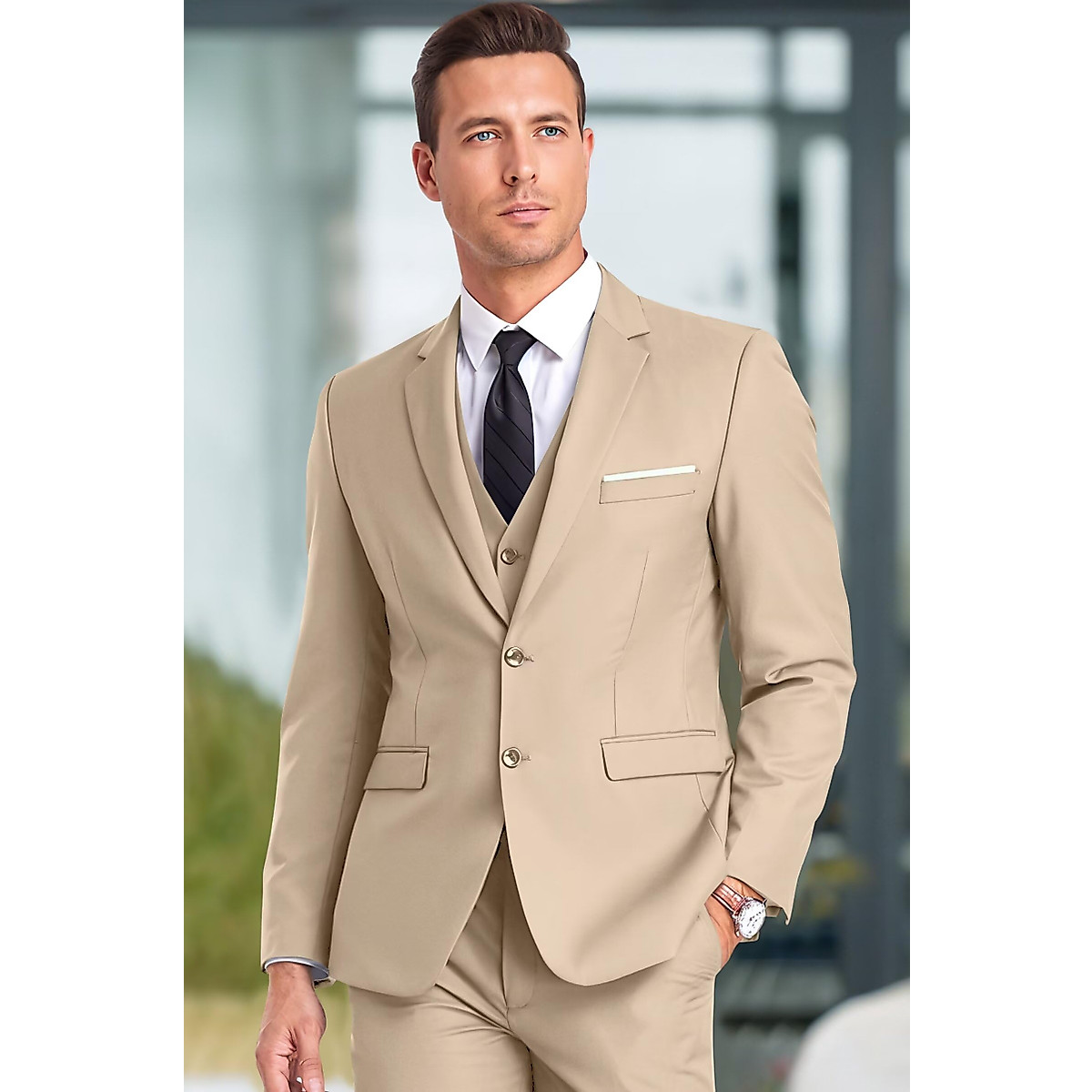 Suits for Men 3-Piece Slim Fit Business Suit Prom Tuxedo, Two Button Wedding Blazer Vest Pants Set Champagne-XL