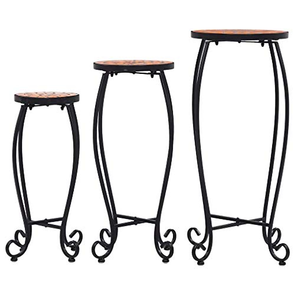 SecondBoy Set of 3 Size Outdoor Side Table Patio Table Garden Plant Stand Iron Frame Scroll Leg Round Top Mosaic Terracotta Ceramic