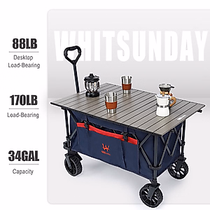 Folding Collapsible Wagon +Folding Stools*2, Utility Camping Park Wagon Cart with Aluminum Table Plate, Utility Camping Park Wagon Cart with Aluminum Table Plate