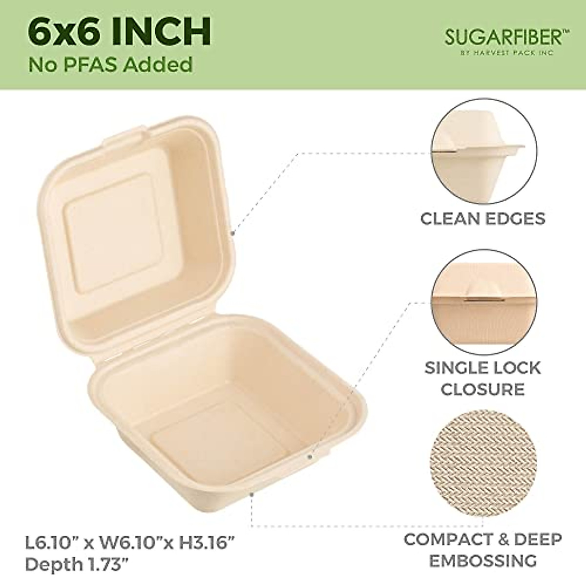 Harvest Pack GOURMET SHOWCASE [50 COUNT Sugarfiber 6 X 6 PFAS FREE Compostable Square Hinged Container, Single Compartment Clamshell Takeout Box, Made from Eco-Friendly Plant Fibers, No PFAS Added