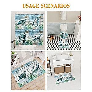 4 Pcs Shower Curtain Set with 12 Hooks Sea Turtle Octopus Whale Wood Grain Bathroom Sets with Non-Slip Bath Mat Toilet Lid Cover Waterproof Durable Shower Curtain and Rugs